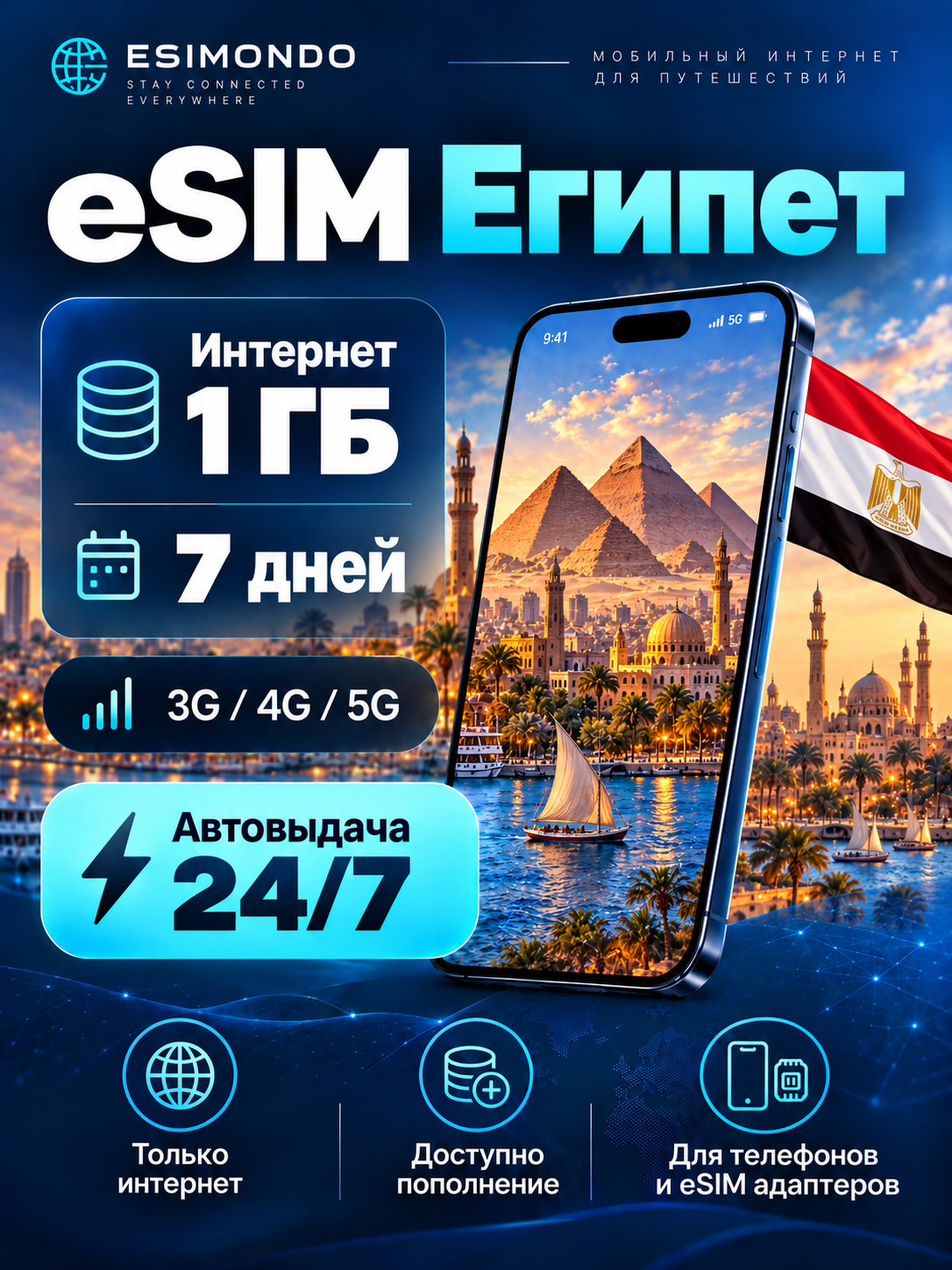 ESIM Египет | Интернет 1 ГБ | 7 дней | 3G/4G/5G | Автовыдача 24/7