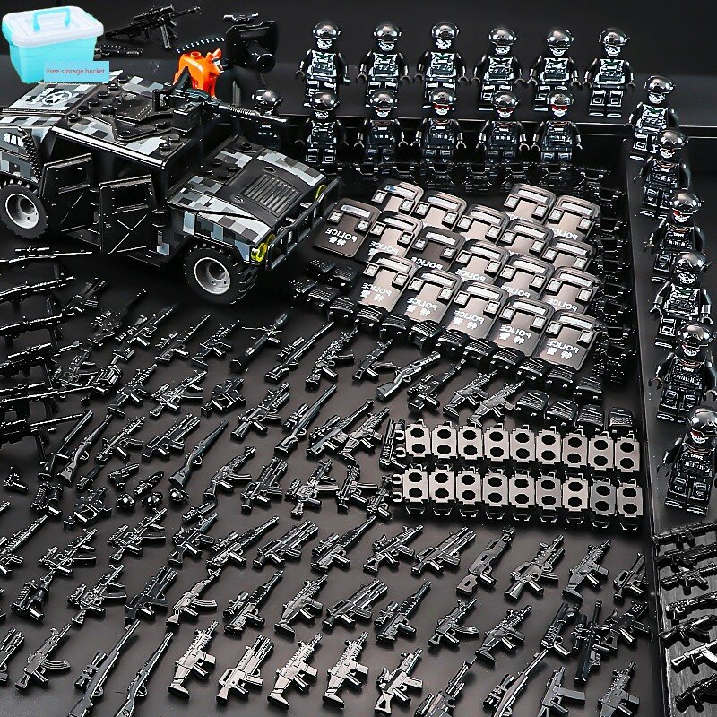 LEGO Набор Специальных Сил с Черной Контейнером: 18 Фигур, 18 Щитов, Полицейская Собака и Транспорт