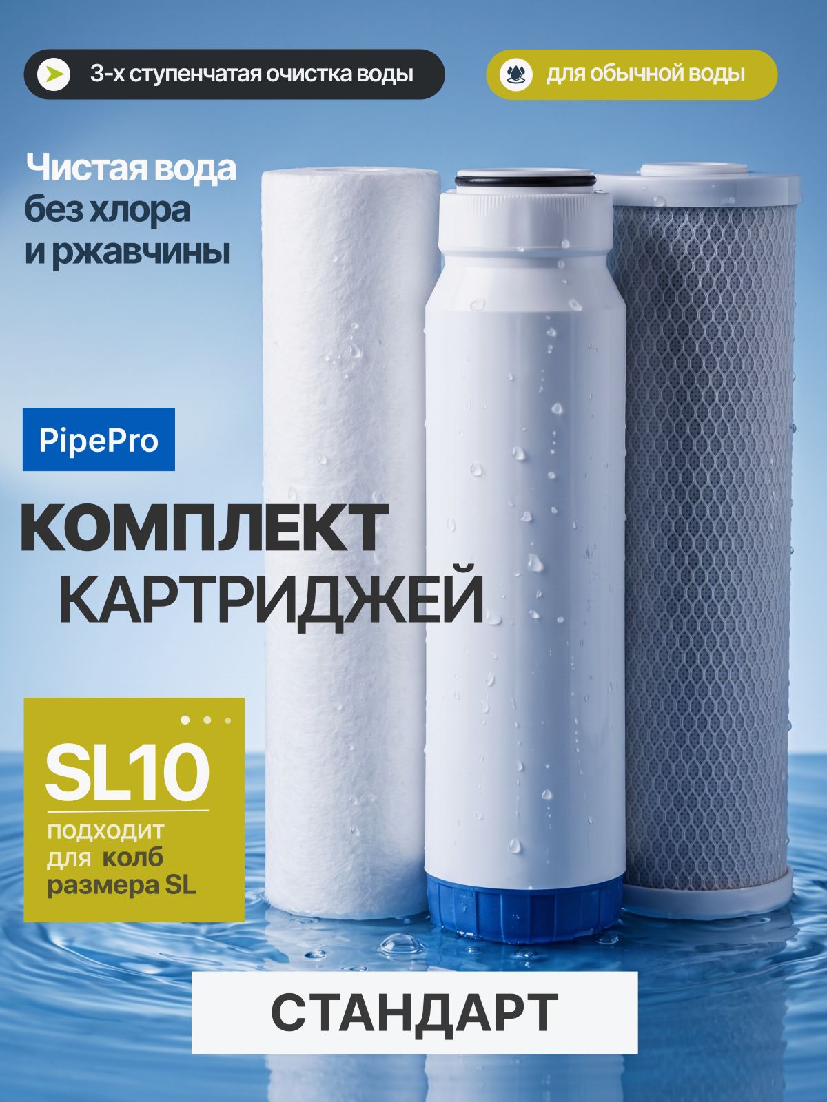Картриджи для фильтра воды 10 SL Стандарт (PP, GAC, CTO) набор, 3 шт