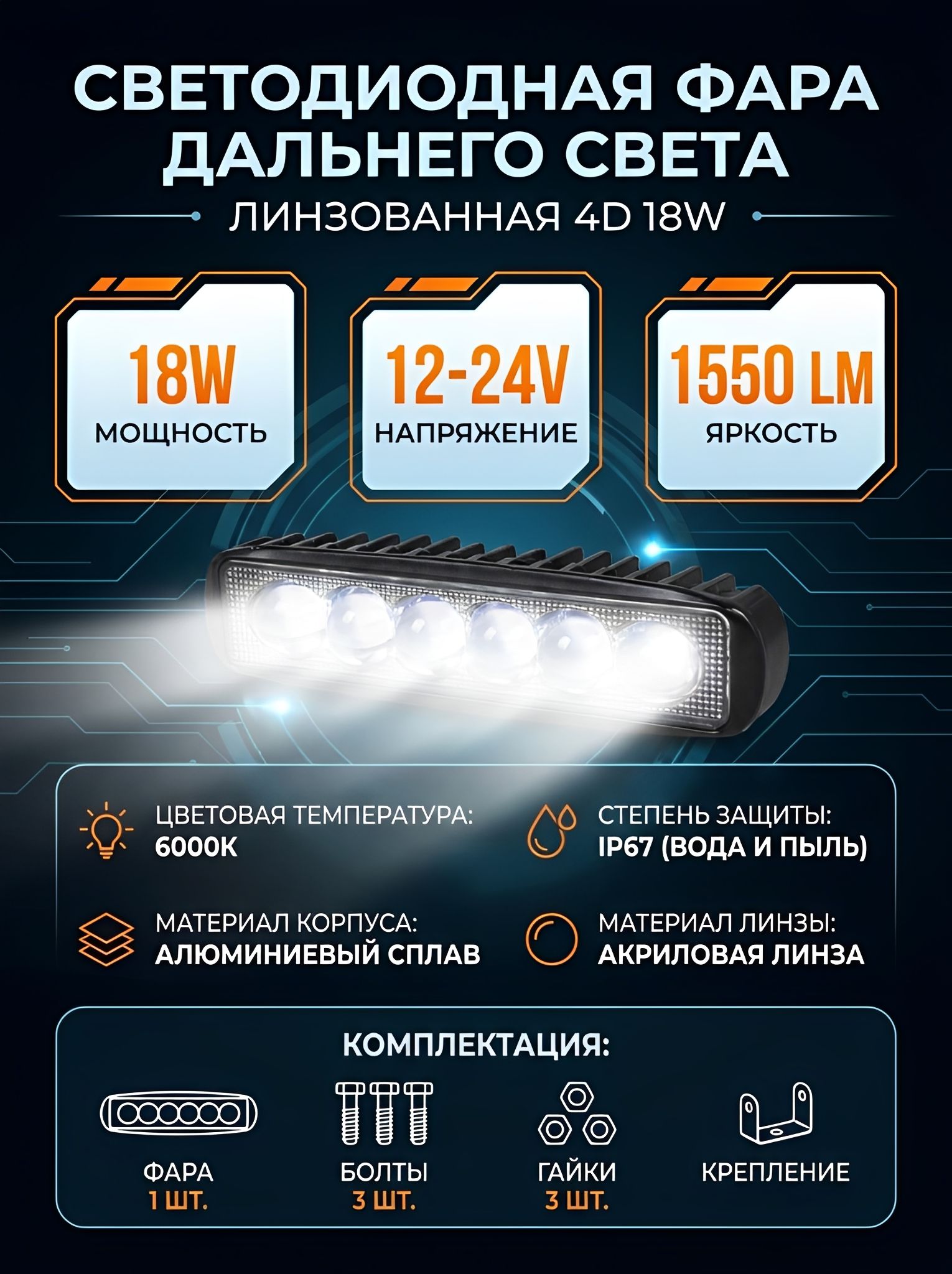 Светодиодная фара дальнего света/ противотуманная фара с линзой 4D 18W 12-24В 1шт