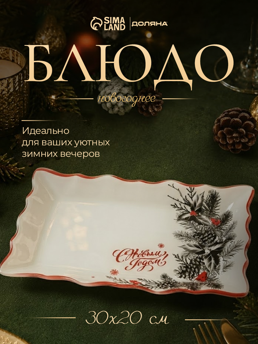 Блюдо сервировочное прямоугольное Доляна «С новым годом», 30×20×2 см, стекло, белое, красное