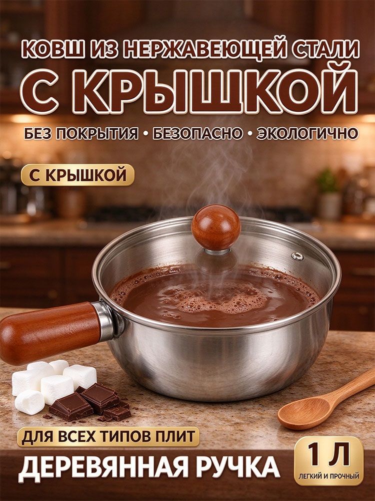 Ковш с крышкой из нержавеющей стали, 1 л, 16.5 см, с деревянной ручкой, для всех типов плит