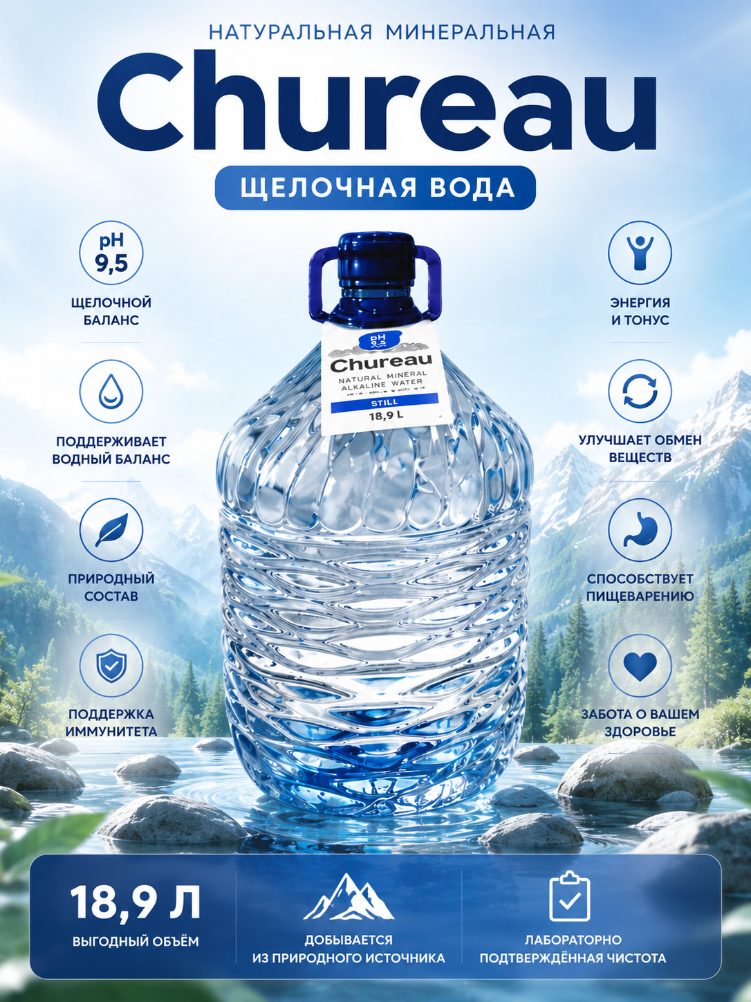 Вода питьевая Chureau, минеральная, щелочная, негазированная 18,9 л