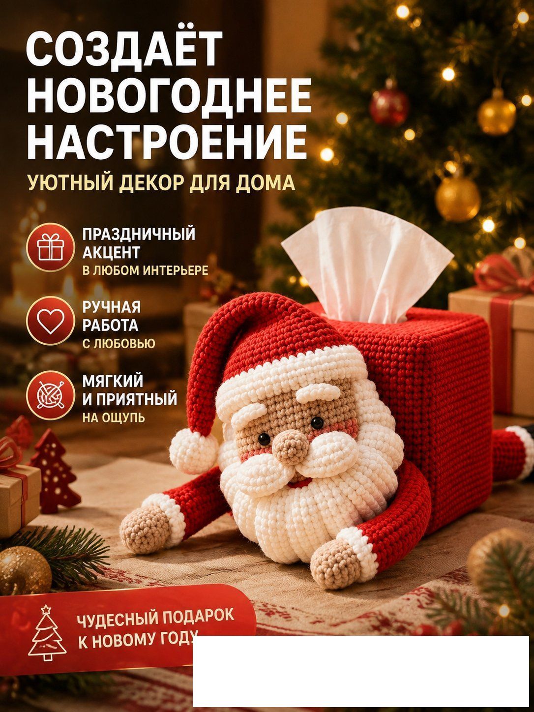 Набор для вязания крючком рождественского снеговика: чехол на коробку салфеток, из шерсти, красный и белый