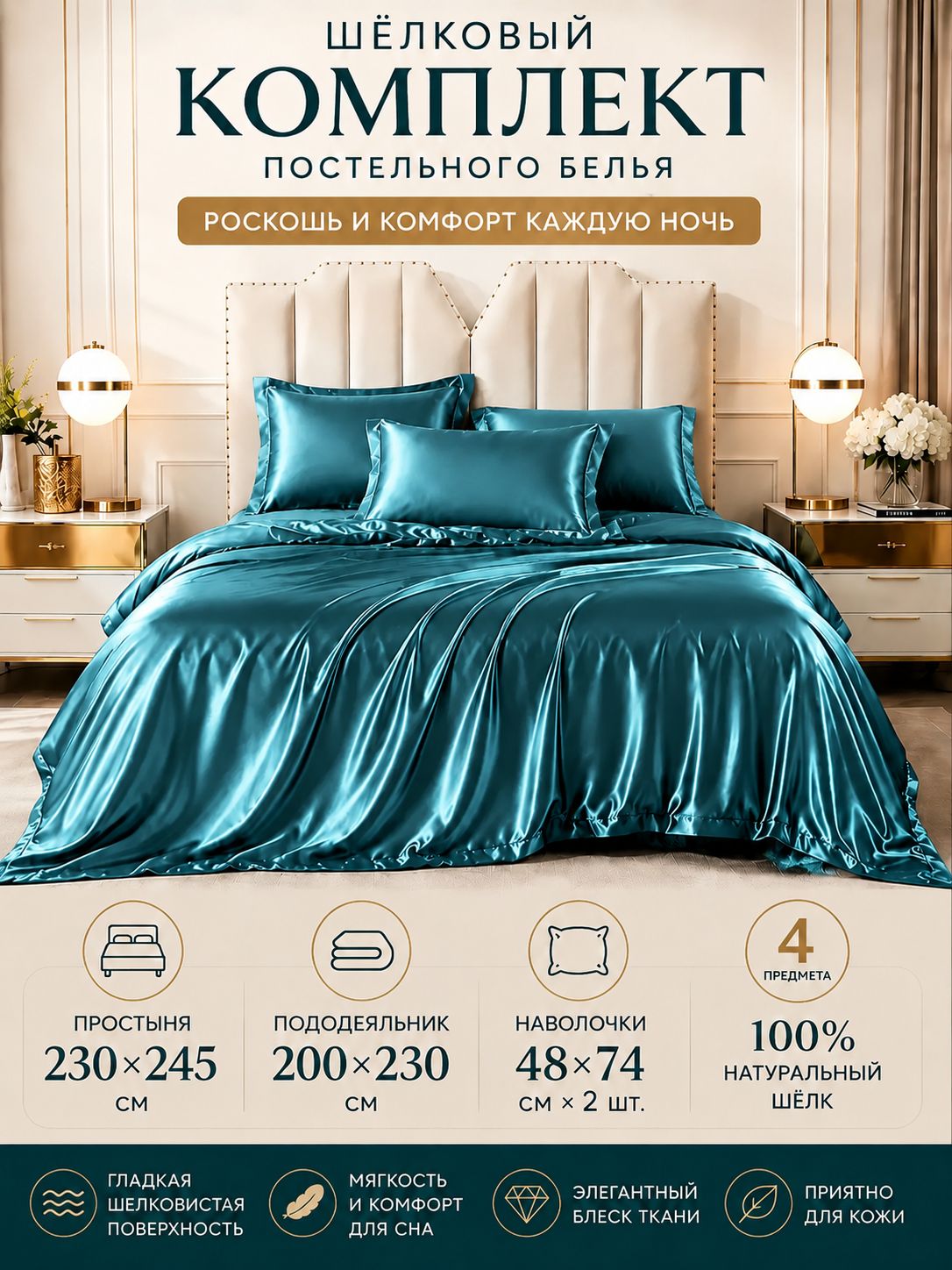 Комплект постельного белья 2-спальный натуральный шелк 200x230 см, наволочки 48x74, простыня 230x245 см, цветтемно-синий