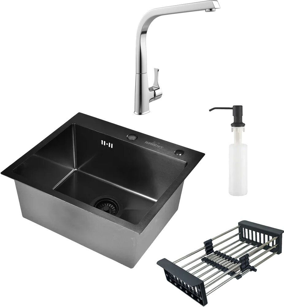 Комплект Мойка Wisent WS35044B/W302644B/W405B/WGER019B 5044B 50x44, графит, нержавеющая сталь / Смеситель MEGA Mega MG-SUN03 глянцевый хром