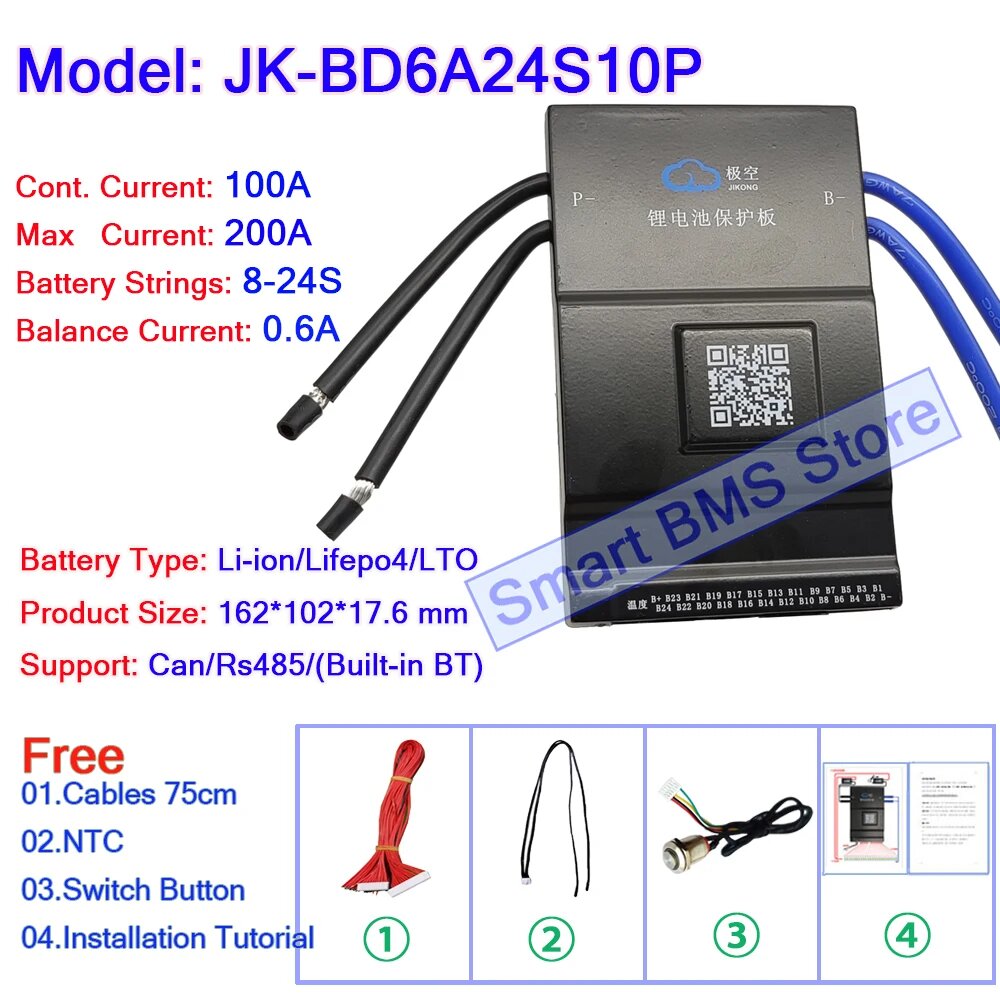 Smart JiKong JK BMS Lifepo4 аккумулятор для Li-Ion Built-in BT, Черный, JK-100A 8-24S 0.6A