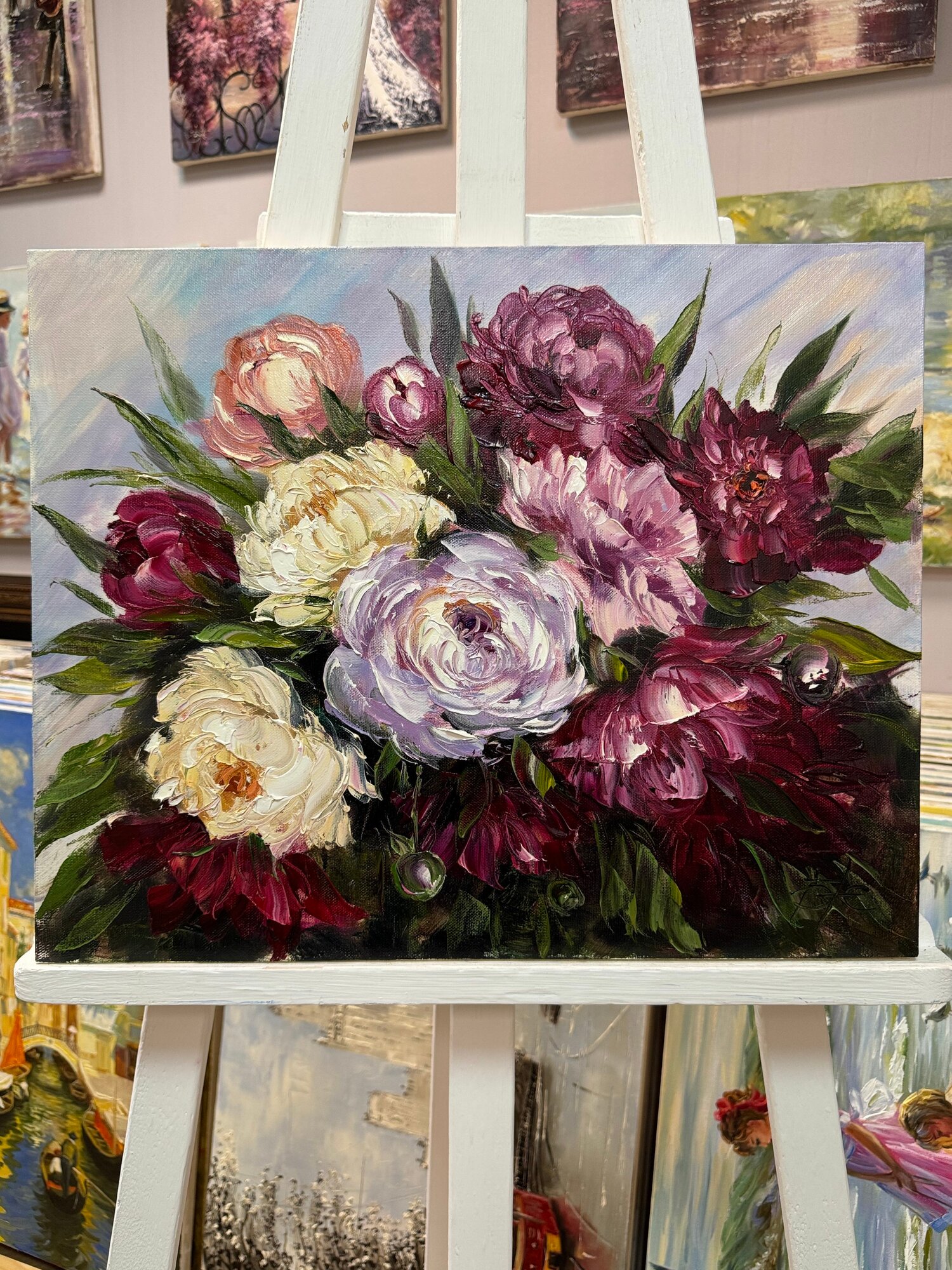 Картина Бордовые пионы маслом, ручная работа. 40x50 см. Художественная мастерская Грёзы.