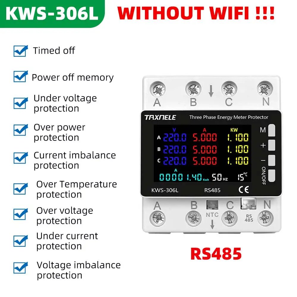 Электросчетчик энергии с Wi-Fi TUYA AC монитор 80A 3-фазный 4-контактный модуль на рельсе DIN с защитой от переменного и низкого напряжения Электросчетчик-485 Защитник счетчика