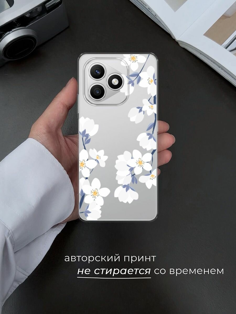 Чехол на Honor X8d / Хонор X8d с принтом Blooming flowers, прозрачный — фото 1