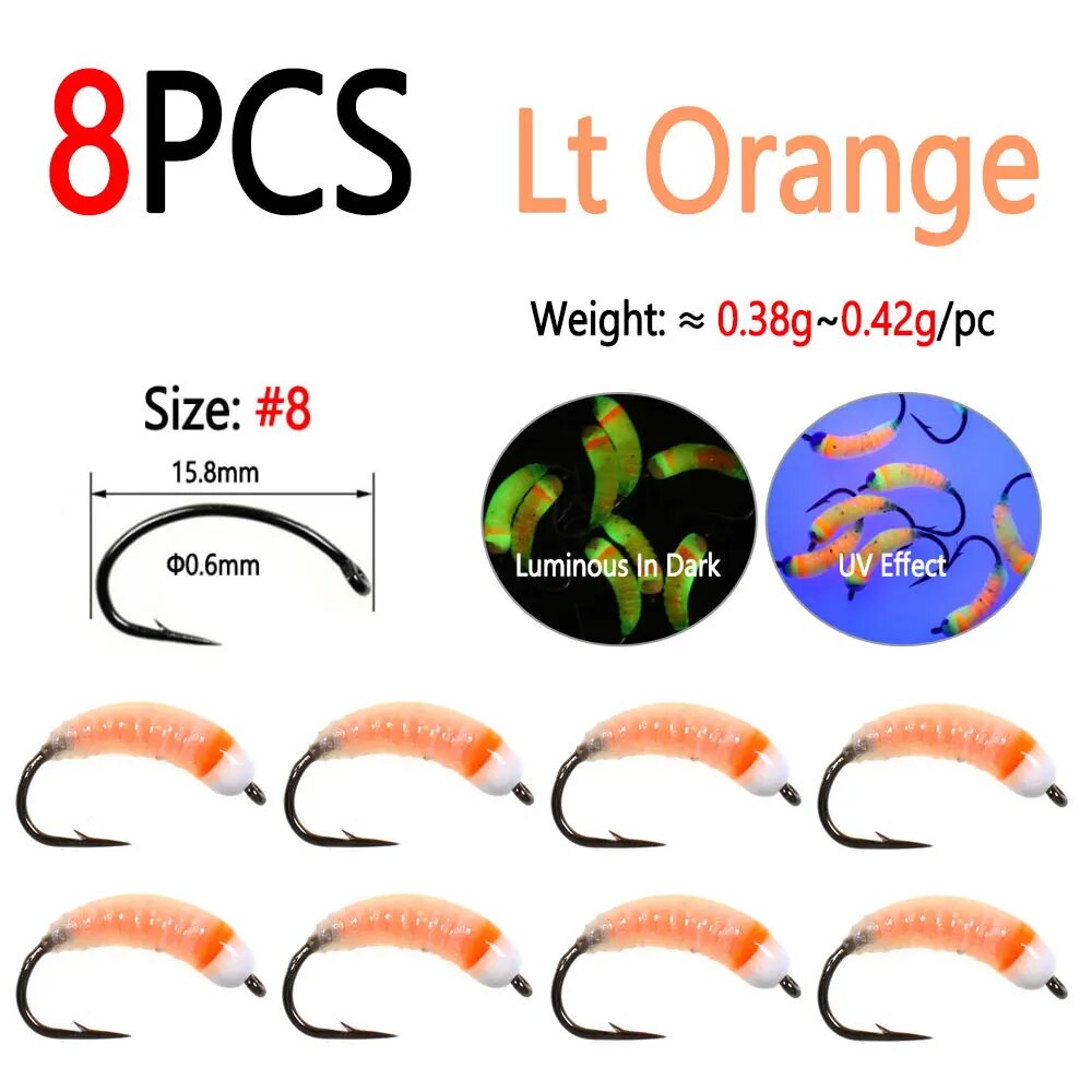 8pcs Lt Orange светящиеся нимфы для ловли форели
