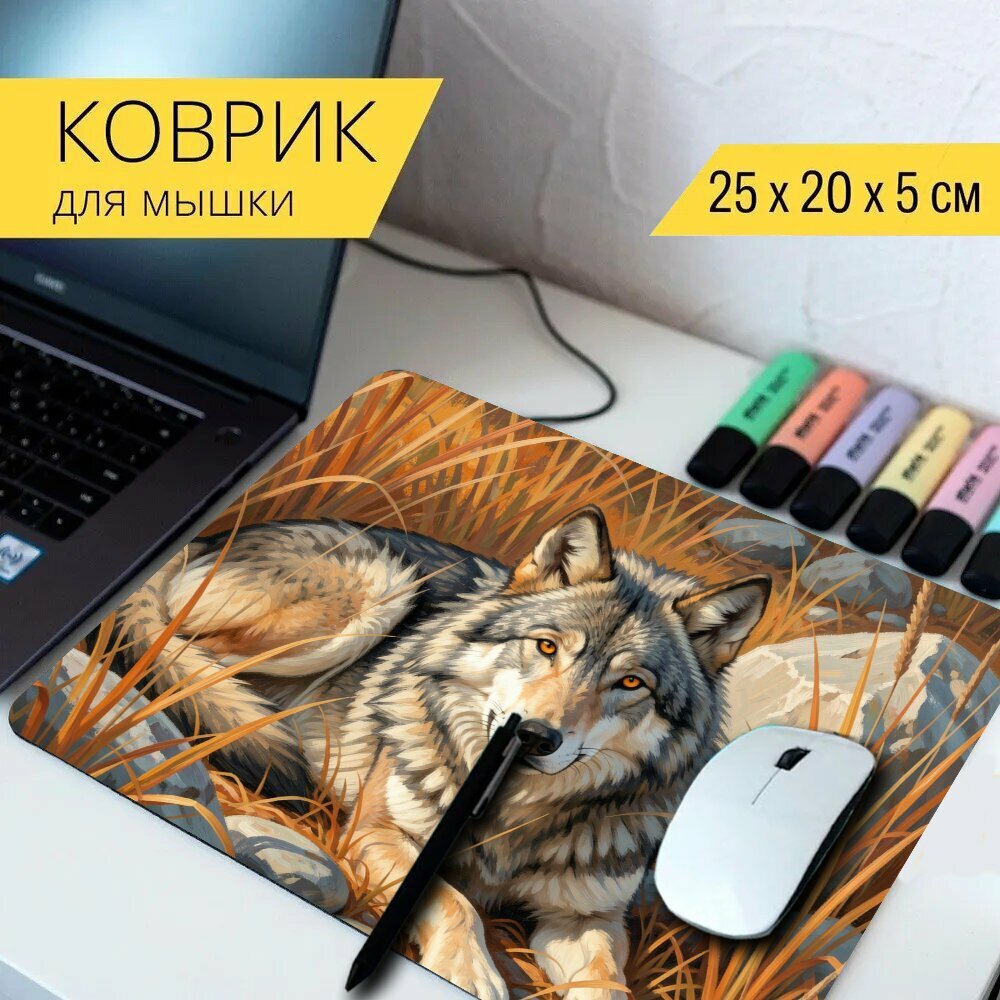 Коврик для мыши с принтом "Волк среди камышей. Хищник с густой серо-рыжей шерстью лежит среди высокой сухой травы и камней, взгляд с янтарными глазами. Реалистичная." 25x20см.