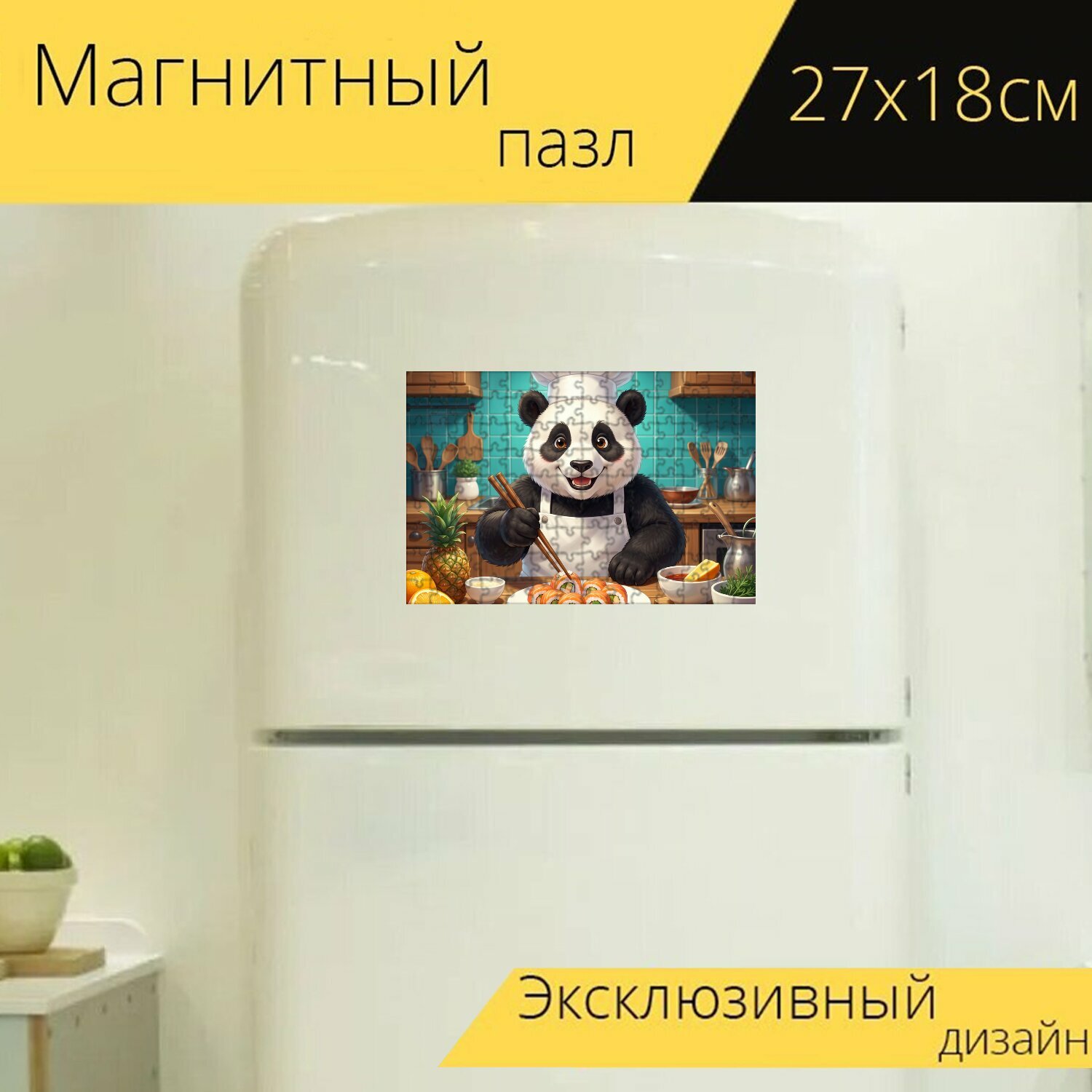 Магнитный пазл "Панда шеф-повар на кухне. Милый мультяшный мишка в белом колпаке и фартуке готовит суши на уютной кухне. Яркие бирюзовые и деревянные." на холодильник 27 x 18 см.