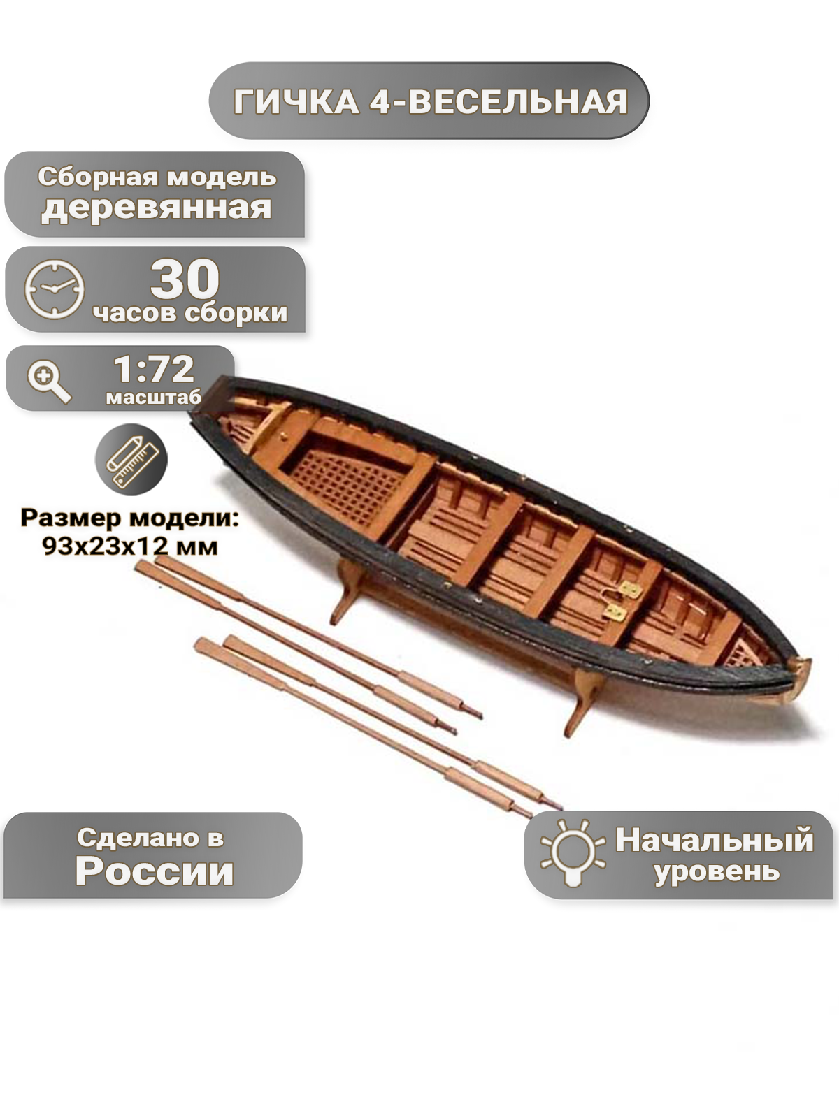 Гичка 4-весельная, 30 часов, 93х23х12 мм, сборная модель корабля для начинающих, Россия, М.1:72