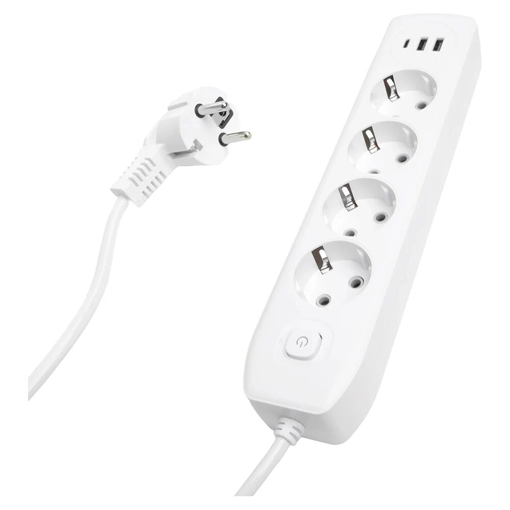 Удлинитель STEKKER 4-местный c/з 3x1 мм2, 3 м, 250В, 10А, 2USB+1Type-C 2,4А, серия Home, белый HM08-43-02, 49978