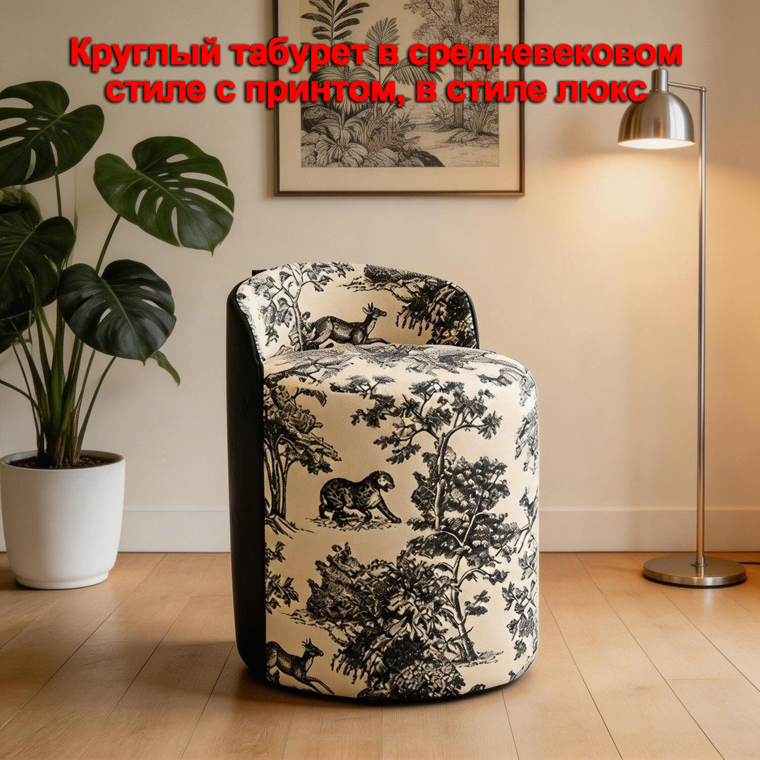 Круглый табурет в средневековом стиле с принтом, в стиле люкс