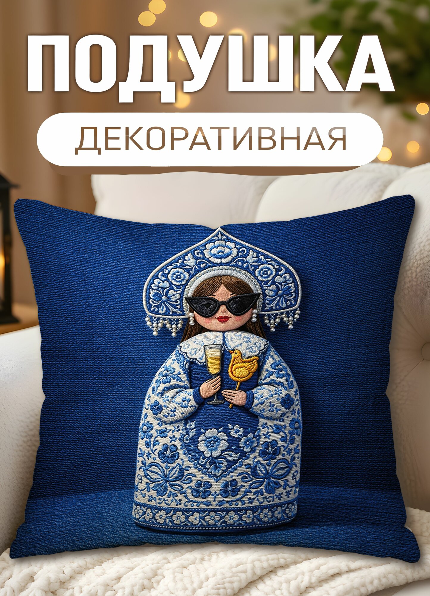 Подушка декоративная с принтом Вязаная Матрешка Роспись, размеры 40 х 40 см, 1 шт.