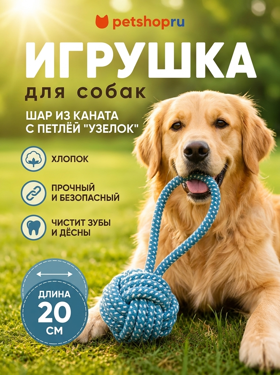 PETSHOP Игрушка для собак шар из каната с петлей "Узелок", хлопок, 20 см