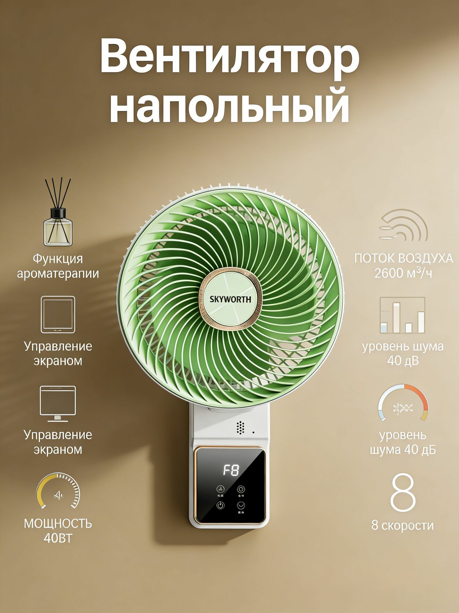 Настенный циркуляционный вентилятор белый, без сверления, с пультом, для кухни и санузла