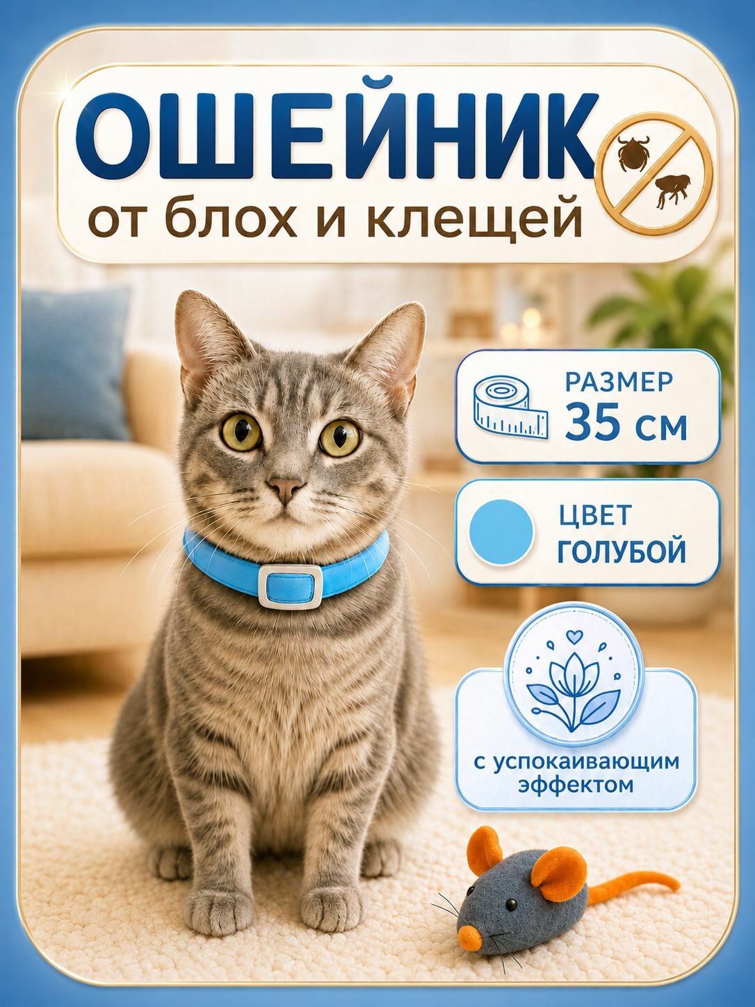 Ошейник от блох и клещей 35 см голубой для кошек и собак мелких пород с успокаивающим эффектом