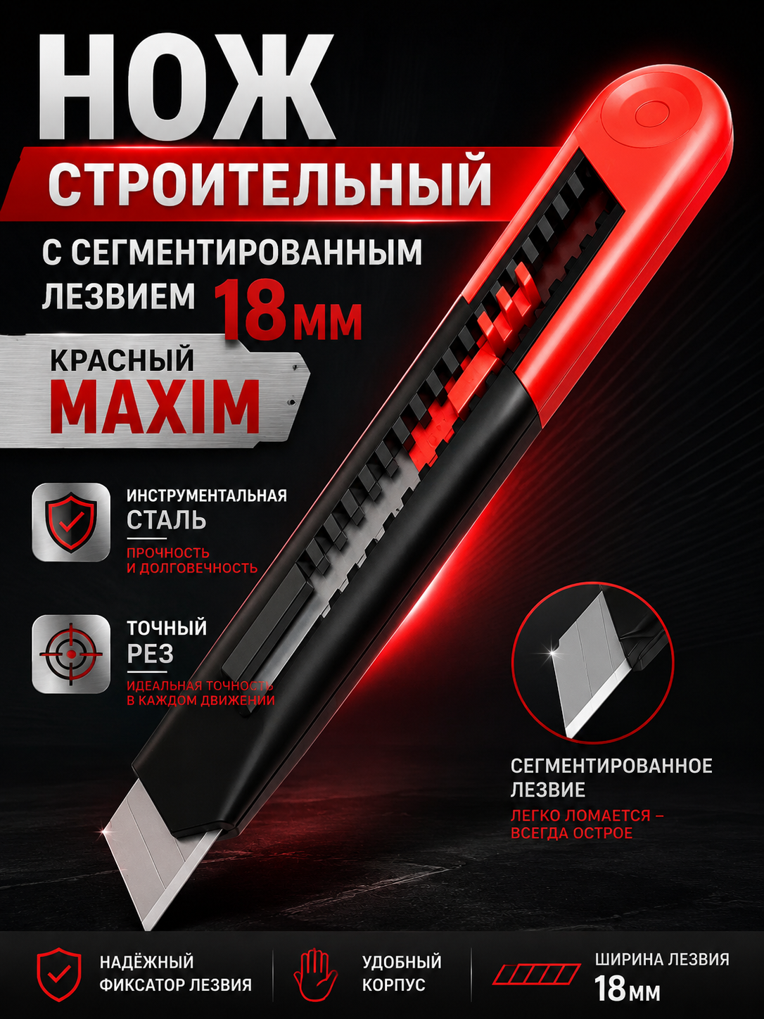 Строительный нож Maxim, сегментированное лезвие 18мм, красный цвет, ABS-пластик