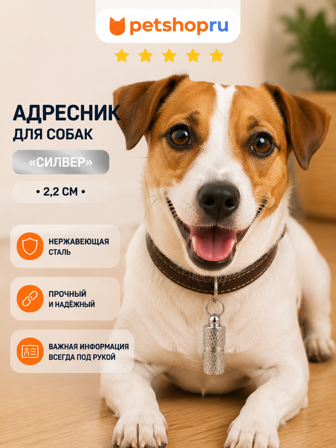 PETSHOP Адресник для кошек и собак из нержавеющей стали "Силвер", 2,2 см