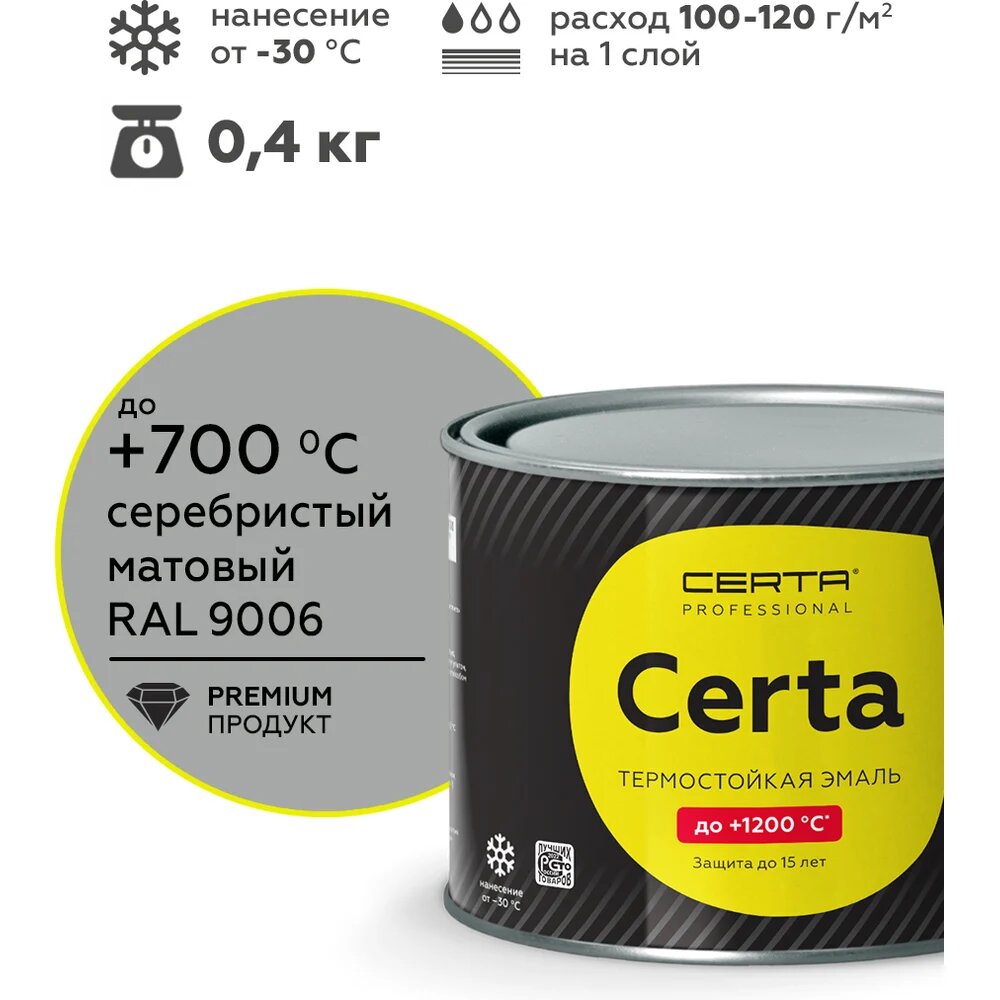Термостойкая краска CERTA для металла, печей, мангалов, радиаторов, дымоходов, суппортов, до 700 градусов, серебристый RAL 9006, 0.4 кг CPR00049