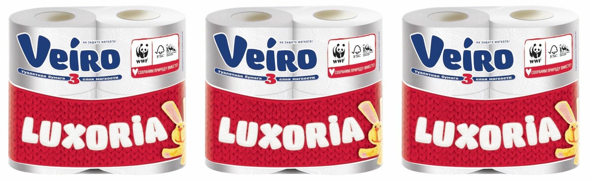 Veiro Бумага туалетная Luxoria 3 слоя 4 рулона белая, 3 шт.
