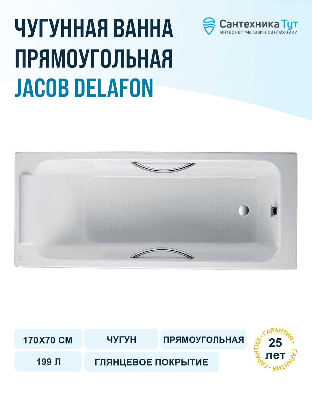 Чугунная ванна Jacob Delafon Parallel 170x70 E2948-00 с антискользящим покрытием Прямоугольная