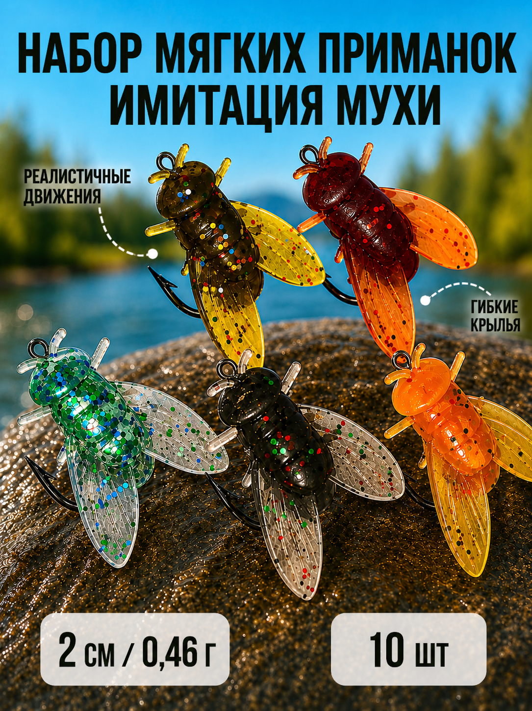 Набор рыболовных реалистичных, мягких приманок Micro Bait Fly, имитация мухи, для белого карася и мандаринки 2 см/0,46 гр, 10 шт, разноцветные