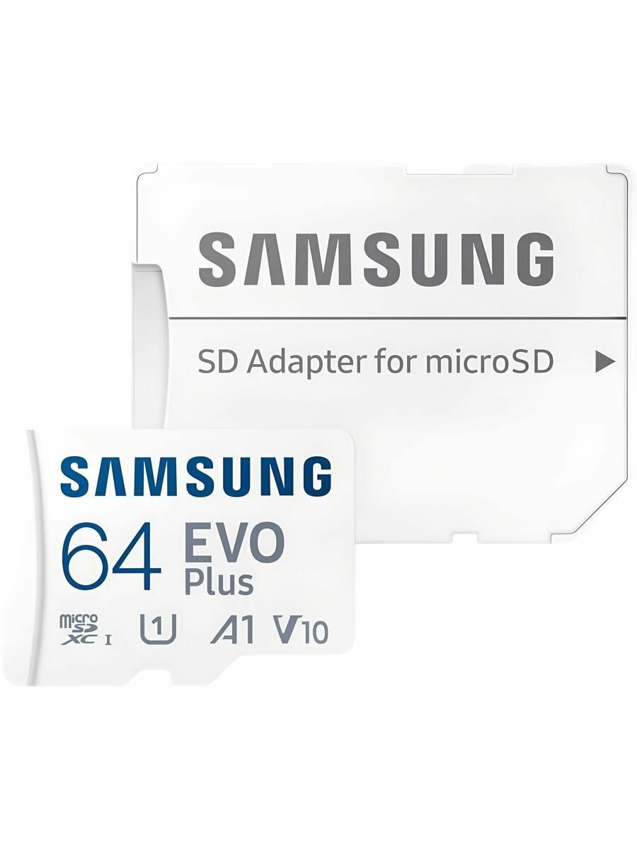 Карта памяти Samsung EVO Plus 64GB microSDXC UHS-I U3 A1 V10 + SD-адаптер для смартфонов, экшн-камер, дронов (130MB/s)