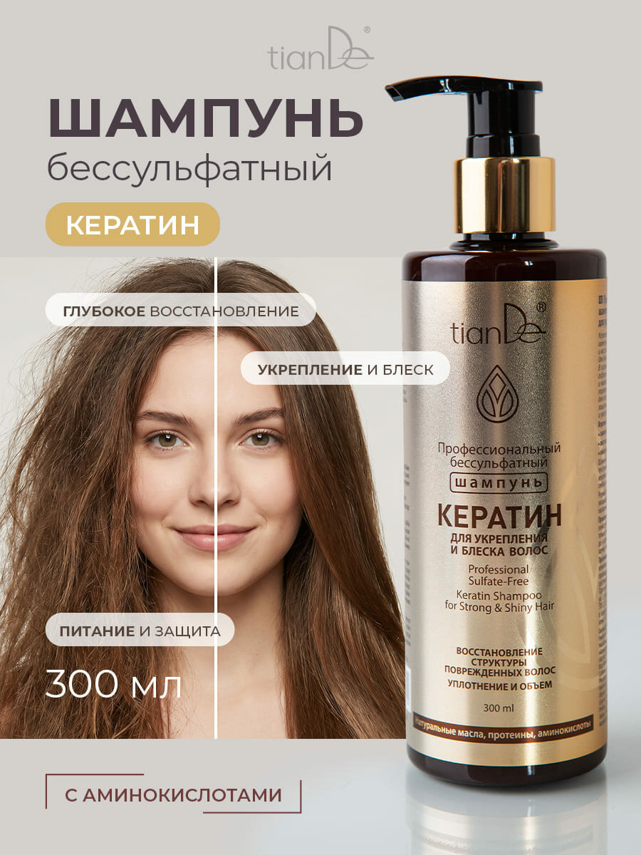 Профессиональный бессульфатный шампунь "Кератин" для укрепления и блеска волос TianDe