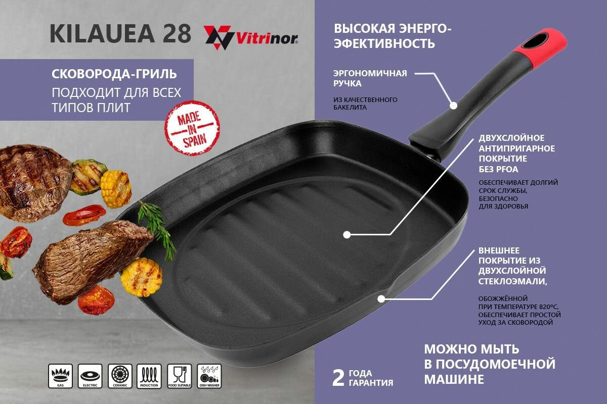 Сковорода-гриль Vitrinor "Kilauea", с антипригарным покрытием, черная, 28см