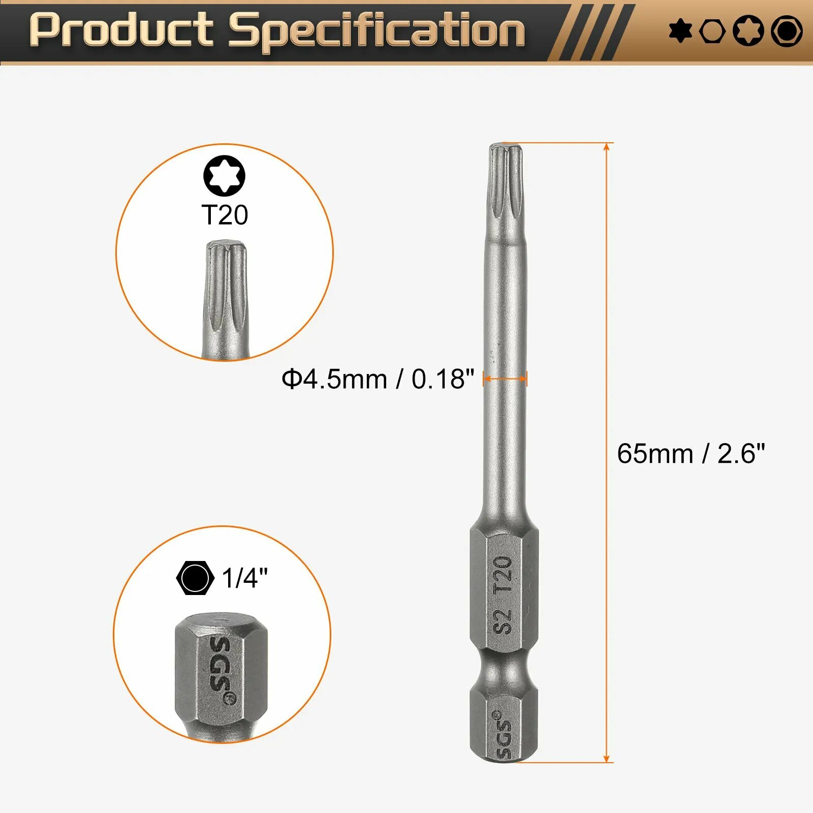 Отвертка Torx T20 65mm, S2, 1/4", Цвет: T20 3pcs
