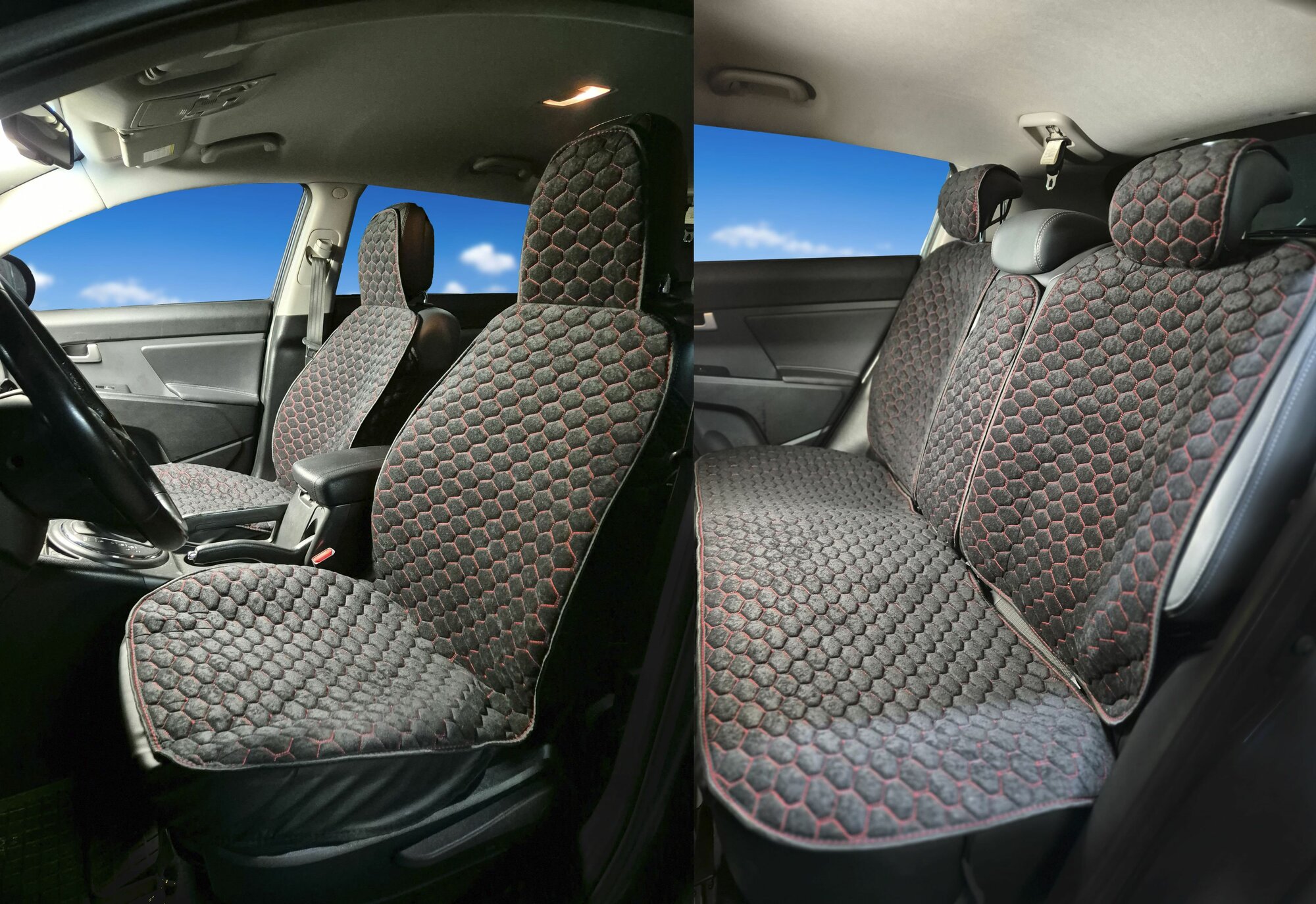 Накидки для Changan / Чанган CS55 Plus, CS35+, CS75+, UNI-T, Alsvin и др. на весь салон с подголовником и защитой боковин с узором соты из велюра, черный с красной строчкой