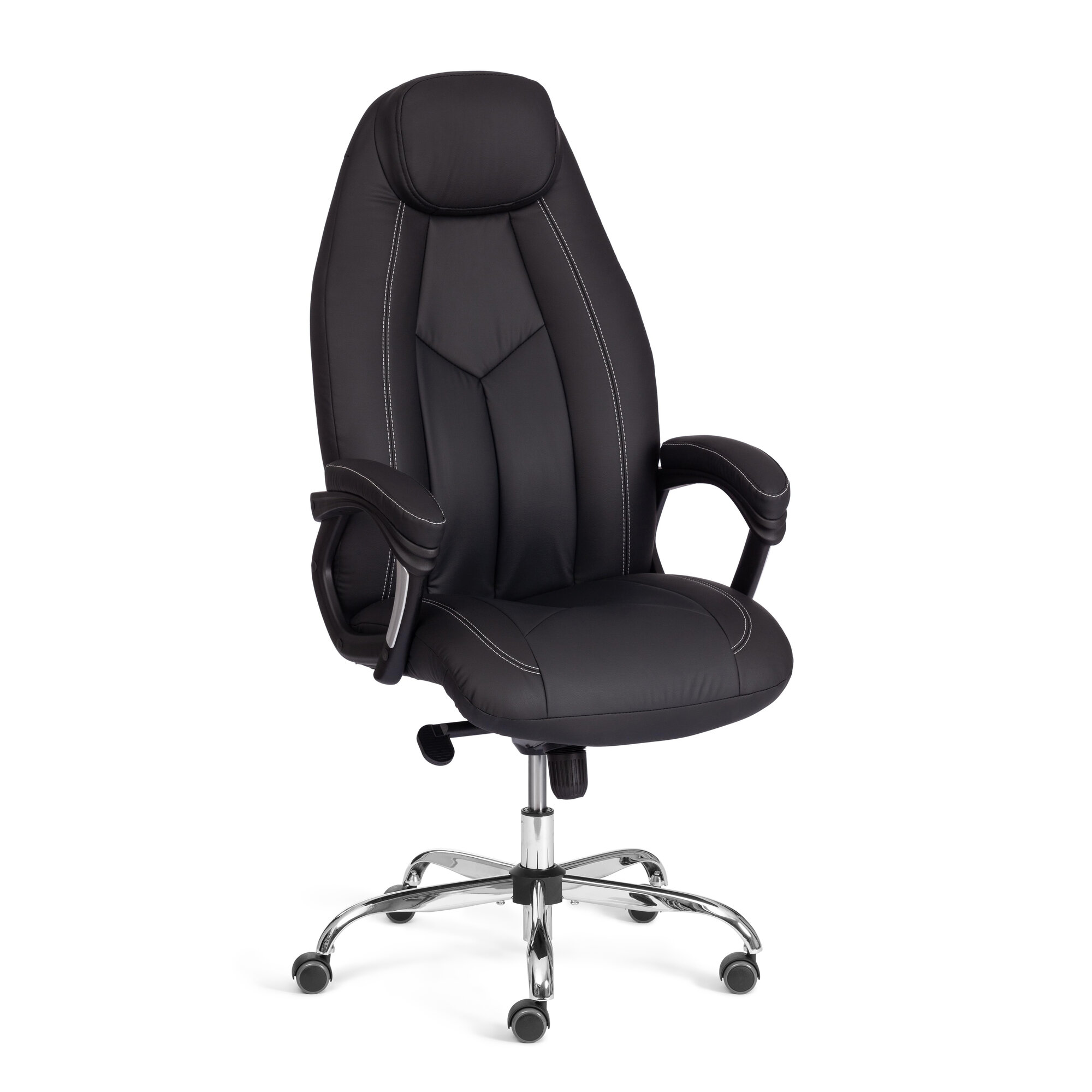 Кресло офисное для руководителя TetChair, черная экокожа, подголовник, фиксированные подлокотники, регулировка высоты и угла наклона до 15°, до 120 кг
