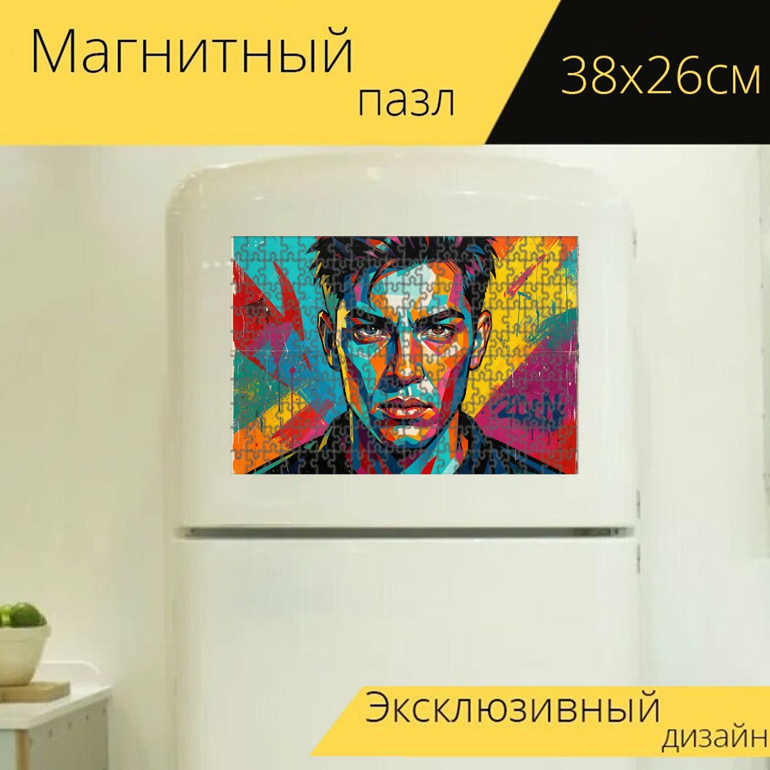 Магнитный пазл "Неоновый парень в граффити. Яркое уличное изображение лица мужчины в стиле поп-арт: геометрические мазки, кислотные оттенки бирюзы." для интерьера, 38х26 см.