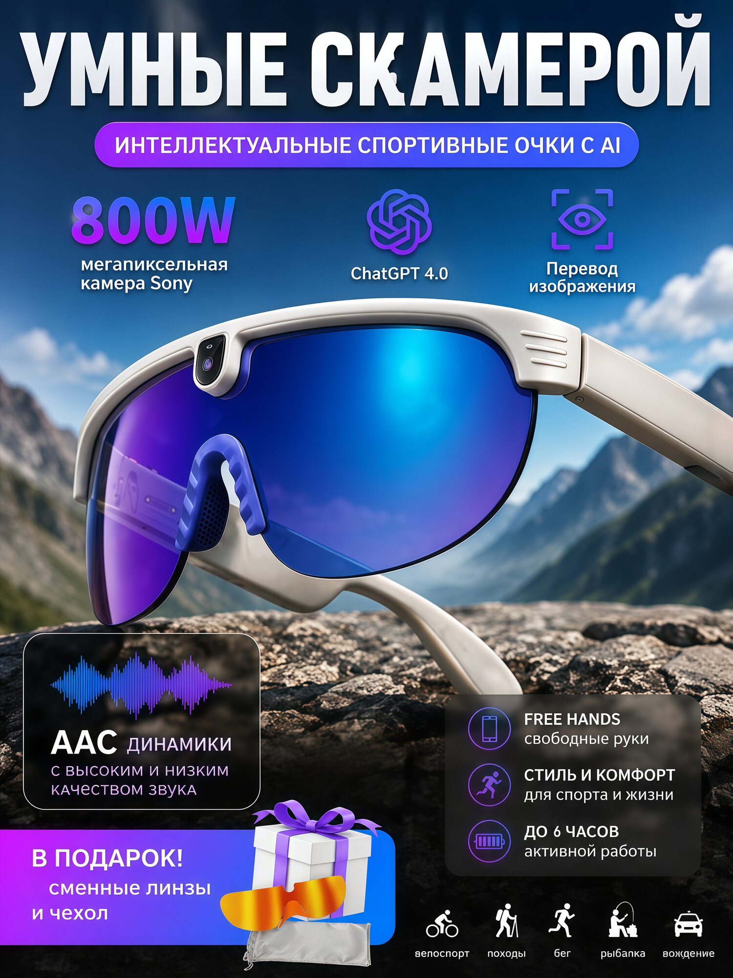 Очки с камерой и микрофоном AI-Смарт очки со встроенной камерой спортивные с Wi-Fi
