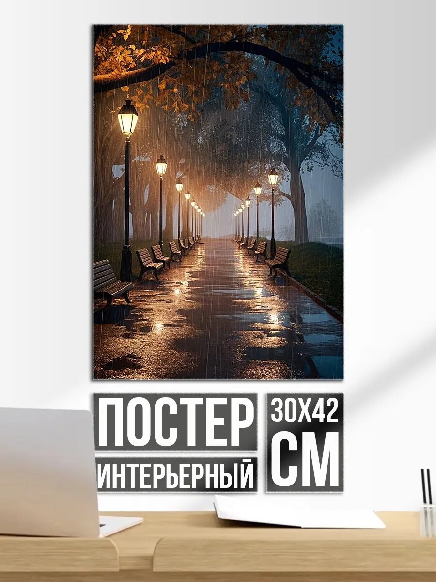 Плакат постер Дождливый парк