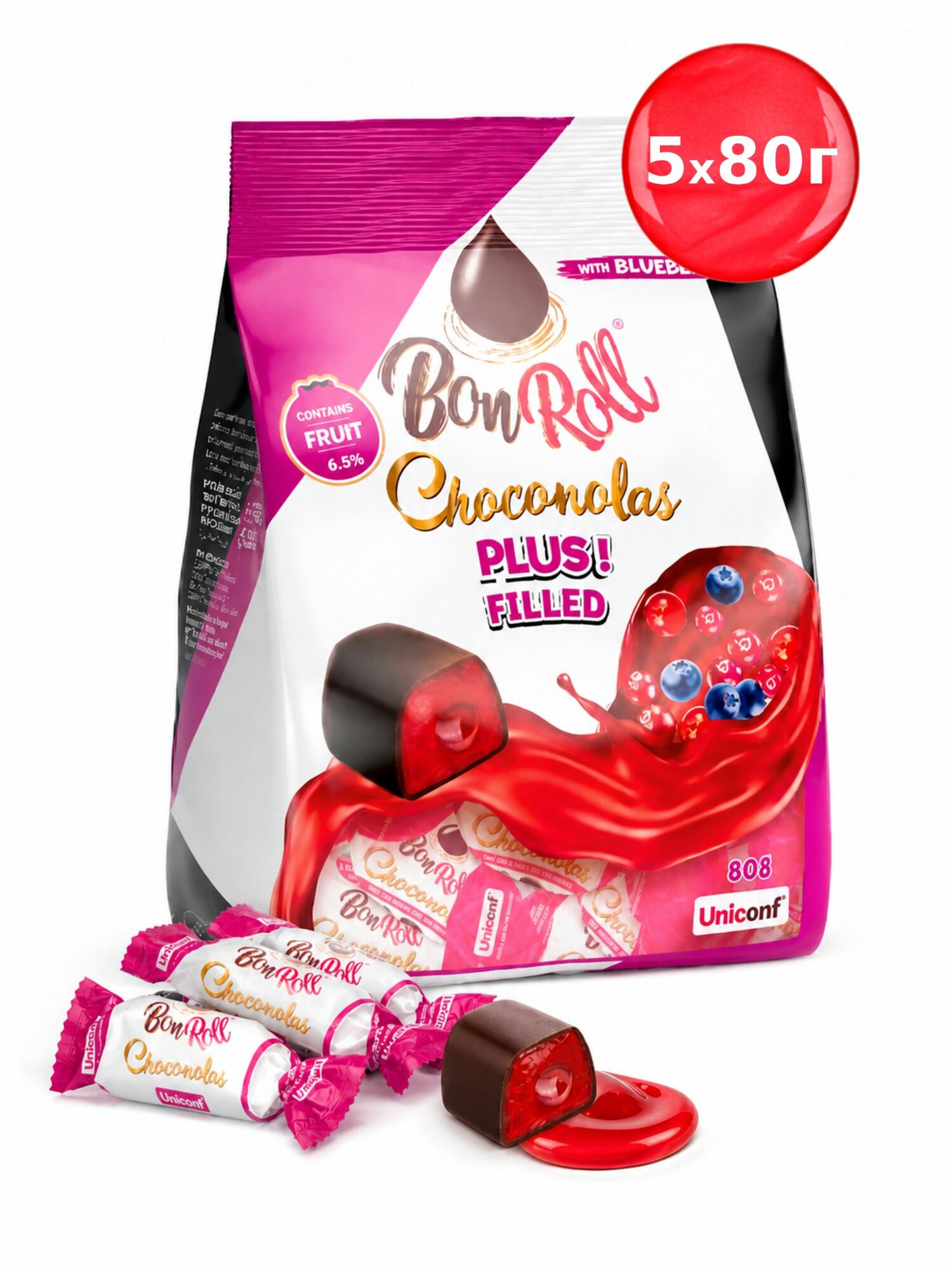 Конфеты Bon Roll желейные в темном шоколаде со вкусом лесных ягод и черники, 80 г х 5 шт