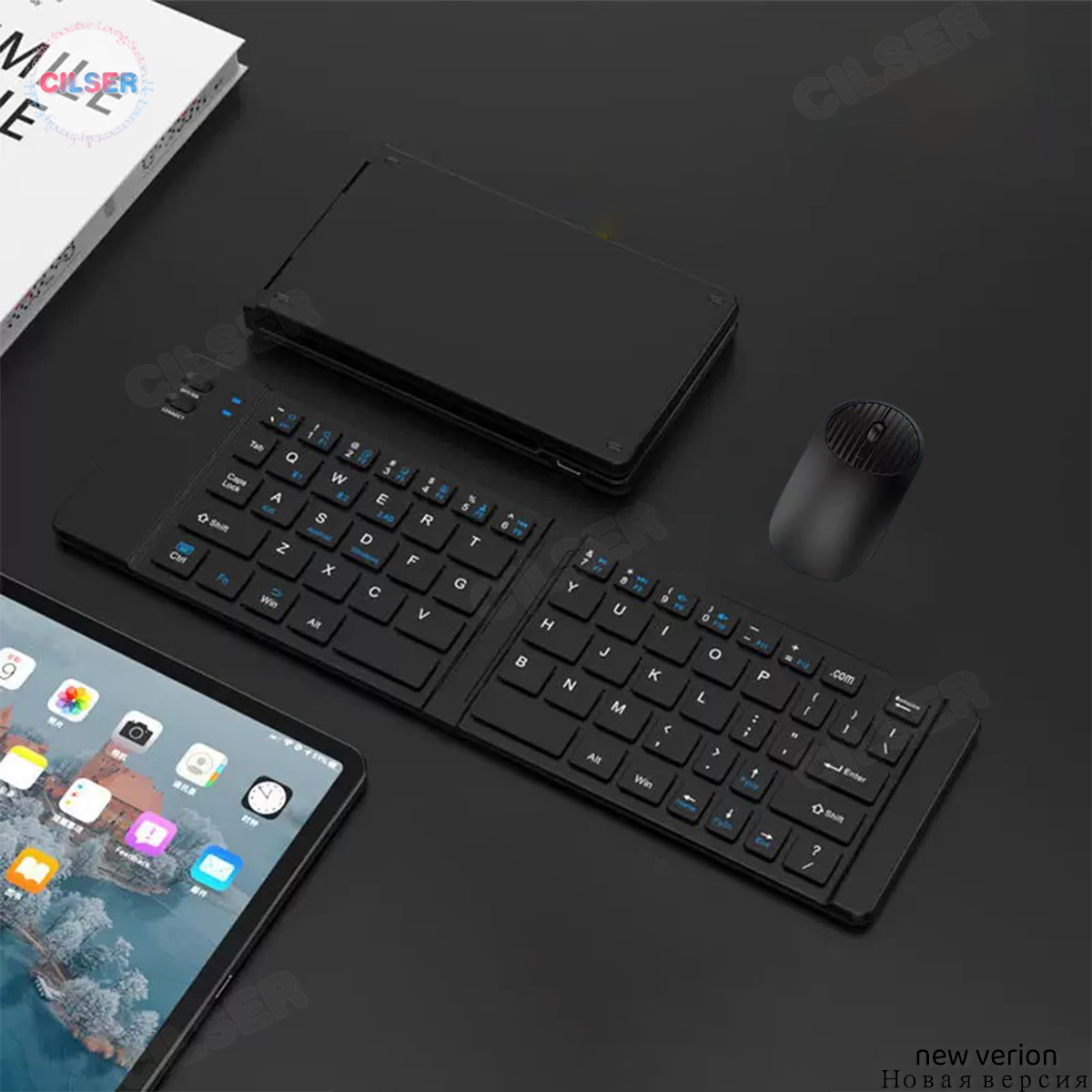 Складная Bluetooth-клавиатура, Беспроводная клавиатура CILSER, с мышью, складная, Bluetooth, 66 клавиши, серебристая — фото 1