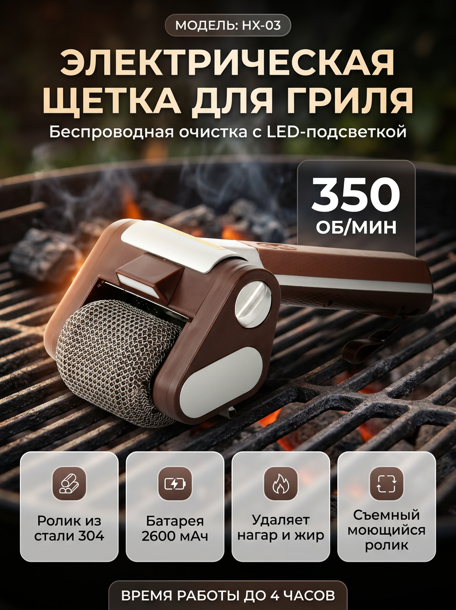 Электрическая щетка для чистки гриля и барбекю, темно-коричневая, без щетины, сталь 304, LED, 350 об/мин