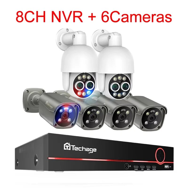 Система камер Techage 8CH 8MP POE с 4K HD камерой PTZ с двойной линзой, 8-кратным зумом и ИИ-обнаружением людей, набор для видеонаблюдения CCTV