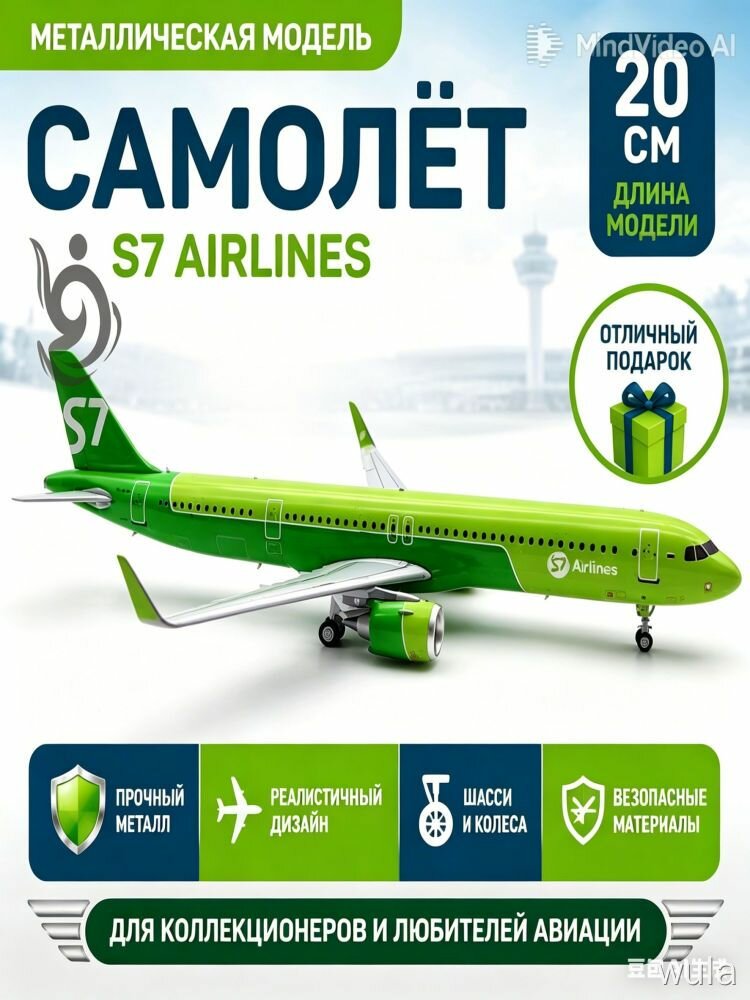 Готовая модель самолета Airbus A320neo авиакомпании S7 с колесами, длина 20 см
