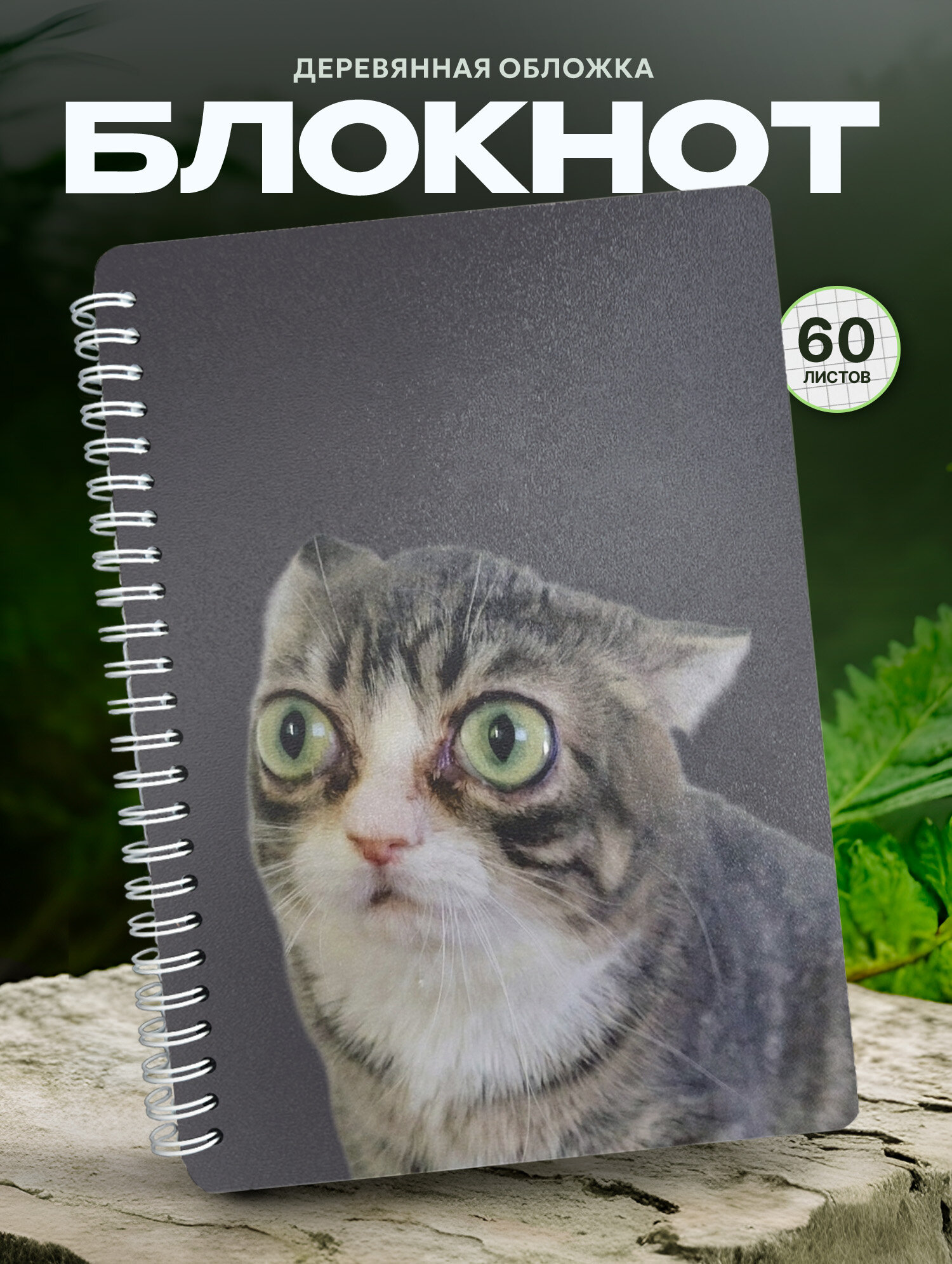 Блокнот Wood-book "Кошка с выпученными глазами. Винки", A5, твердая обложка, лхдф
