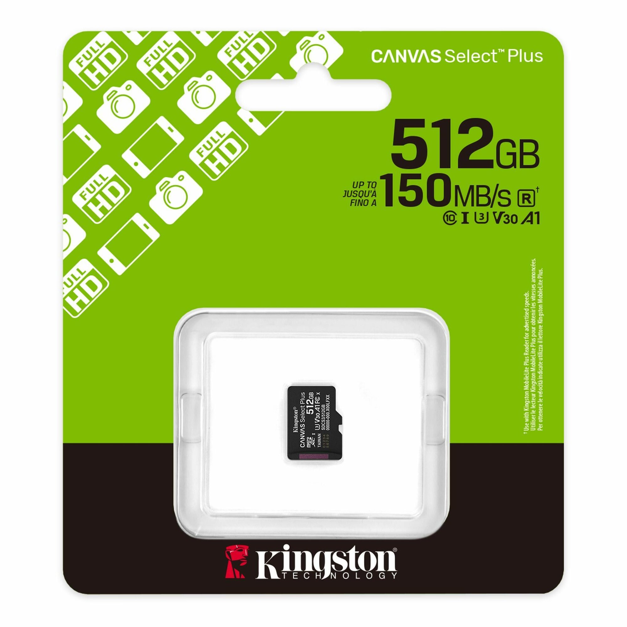 Карта памяти Kingston Canvas Select Plus, microSDXC, 512ГБ, UHS-I