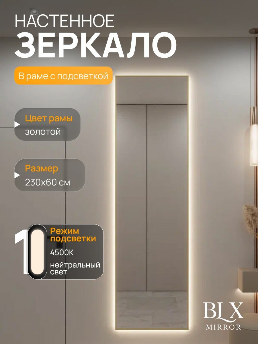 Зеркало настенное 230х60 см золото с подсветкой Свет: Нейтральный белый 4500К В алюминиевой раме интерьерное BLX MIRROR