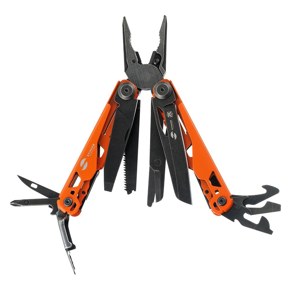 Stinger MT-GHK11-ORN Мультитул stinger, 107 х 19 мм, 19 функций, сталь, оранжевый корпус, стоунвош, в картонной коробке, в комплекте нейлоновый чехол