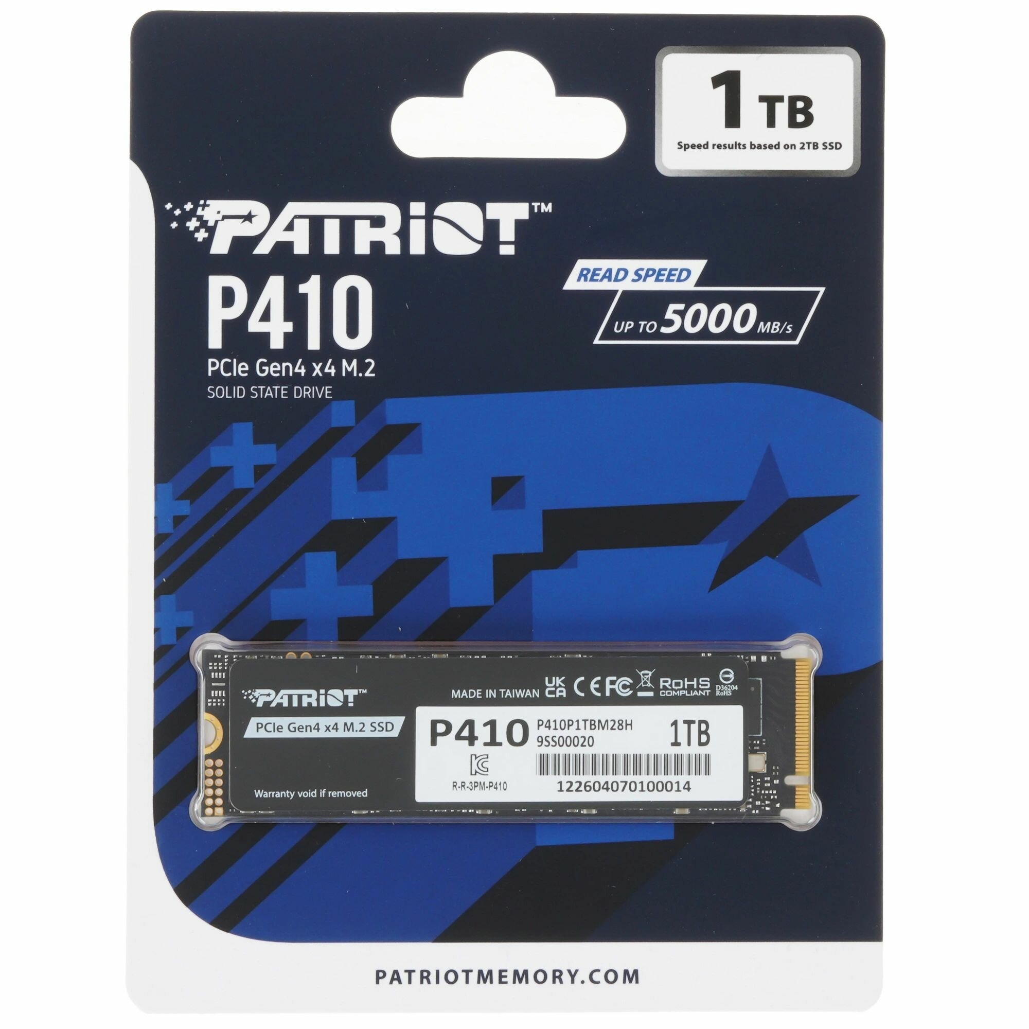 1 ТБ M.2 NVMe накопитель Patriot P410 (P410P1TBM28H) - PCI-E 4.0, чтение - 5000 МБ/с, запись - 4500 МБ/c, TBW - 320