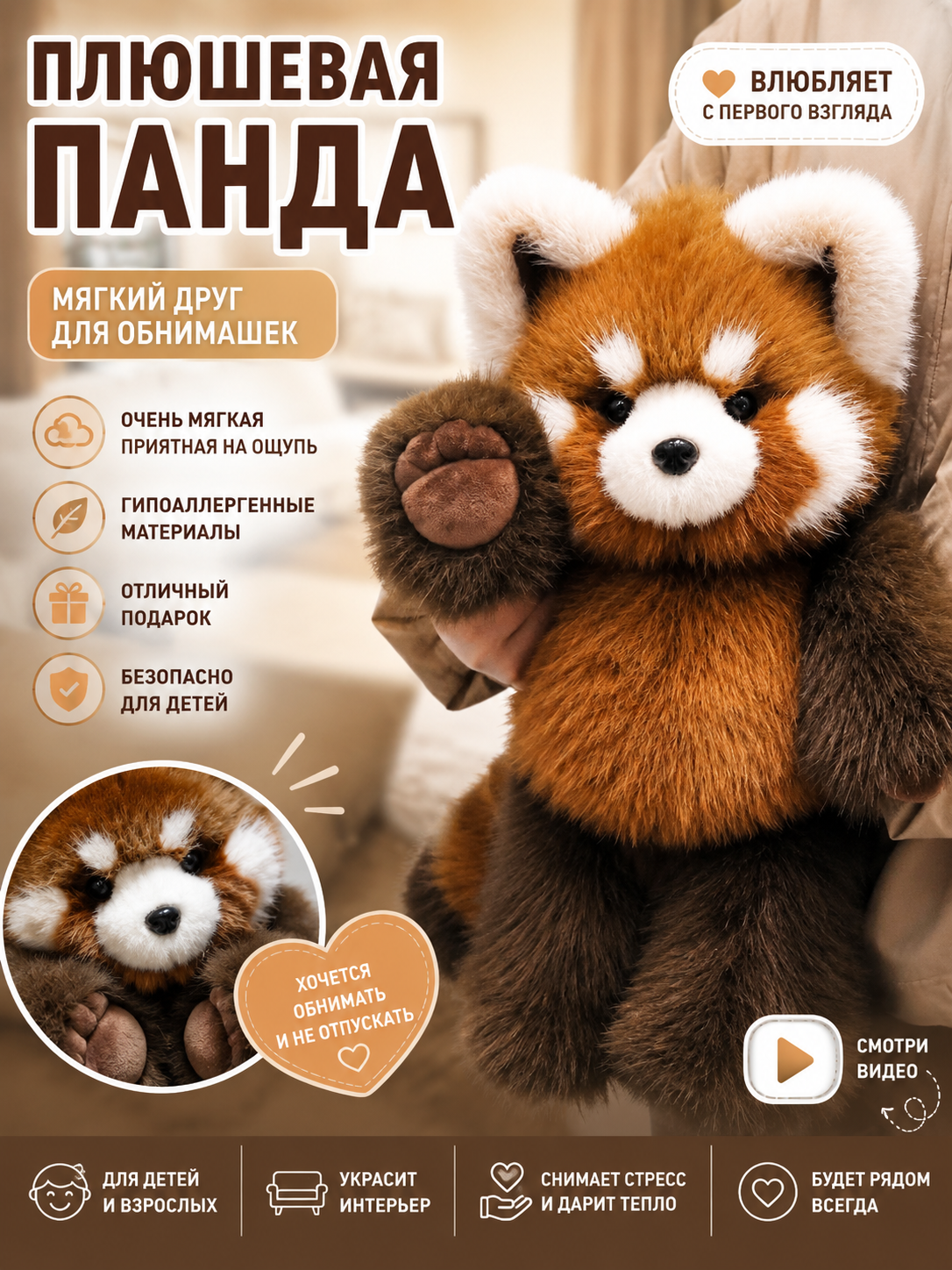 Большая плюшевая красная панда 55 см, мягкая игрушка, подарок детям и взрослым, интерьерная игрушка, антистресс